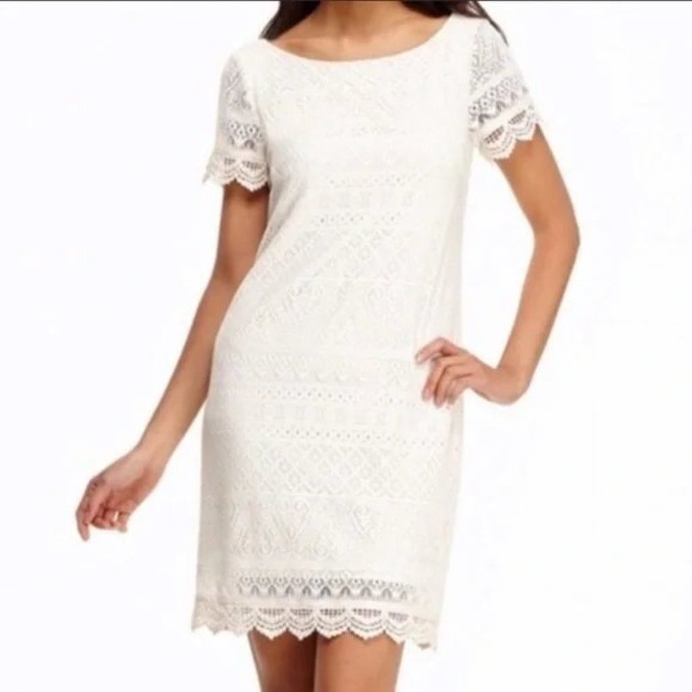 London Style Collection Ivory Lace Shift Dress Size 1… - Gem